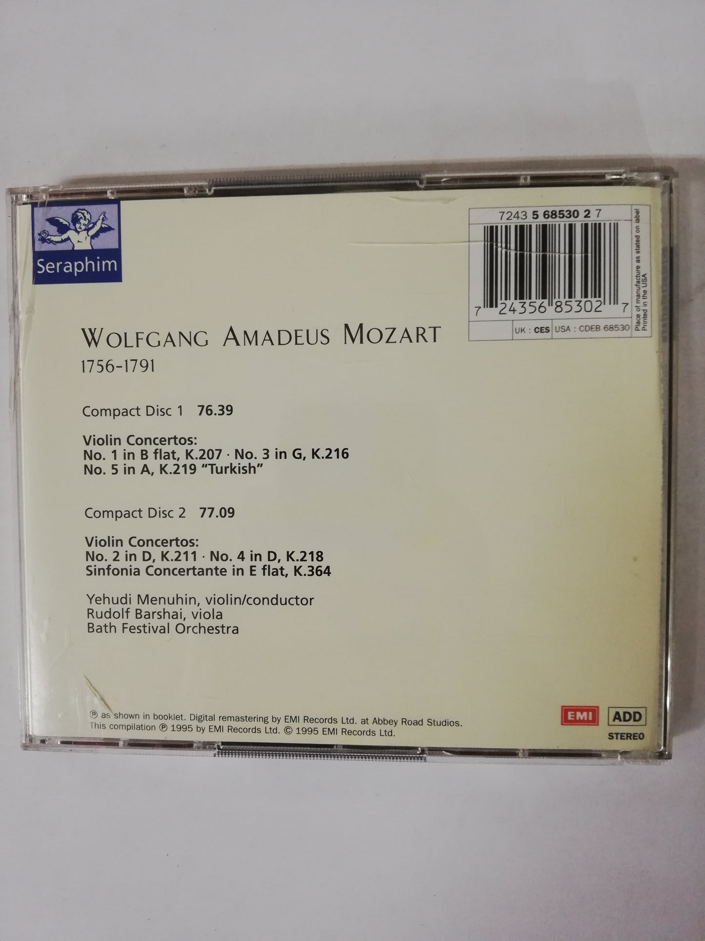 CD YEHUDI MENUHIN - MOZART VIOLIN CONCERTOS NOs. 1 - 5 - SINFONIA CONC – Música Para Camaleones